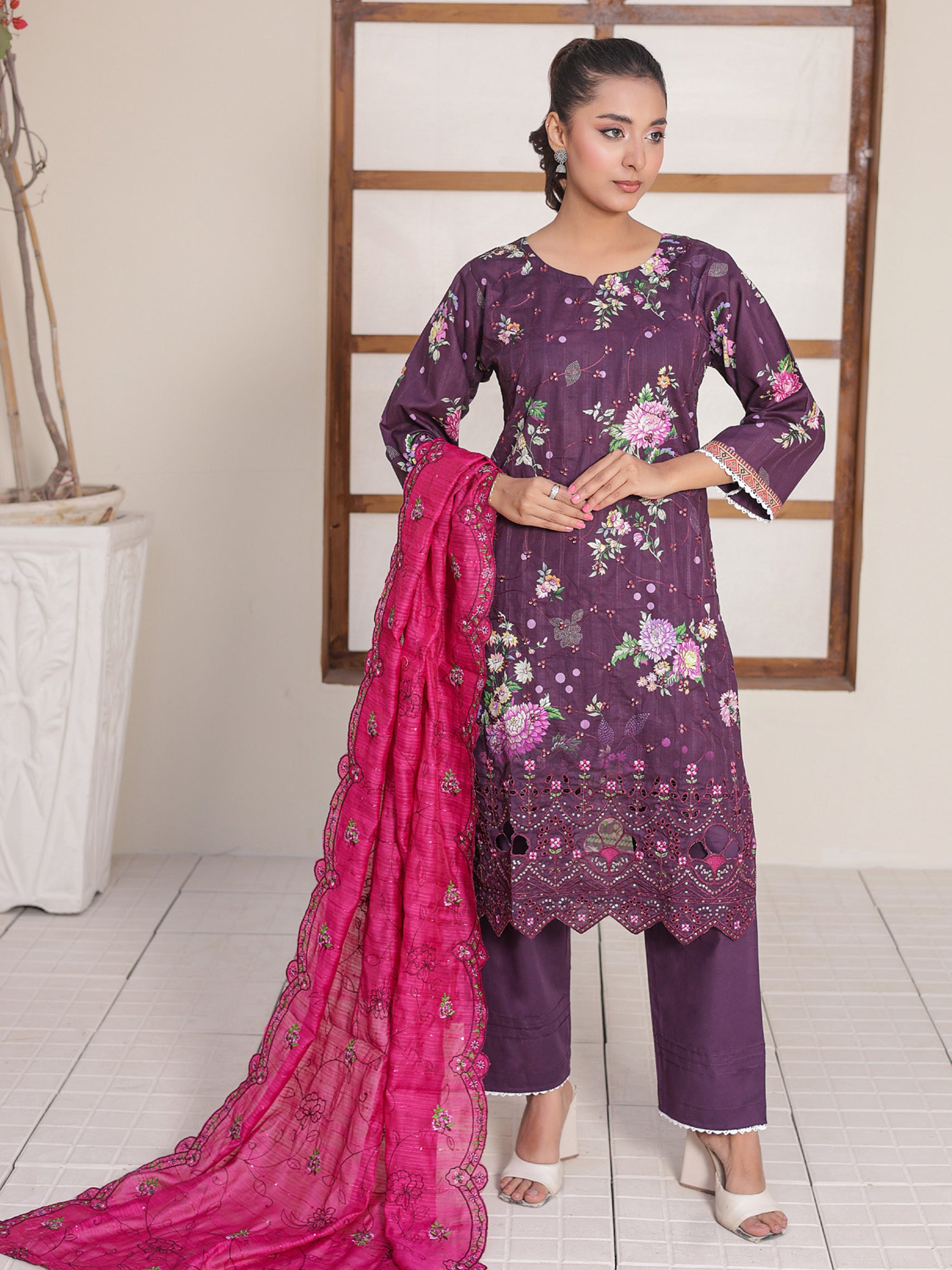Rose & Vogue By MTF Digital Printed Doria Embroidered Laserkari Cotton ...